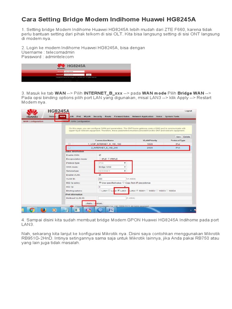 Cara Setting Bridge Modem Indihome ZTE F660 Dan F609 | PDF