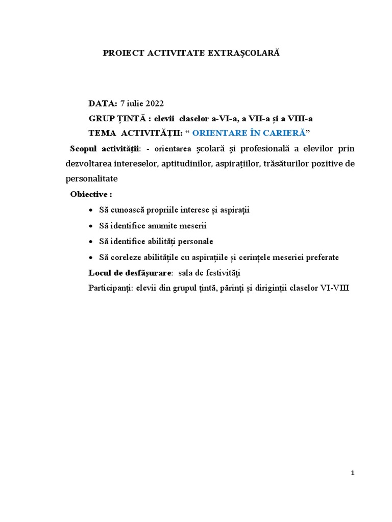 Proiect - Activitate - Extrascolara 7 Iulie | PDF