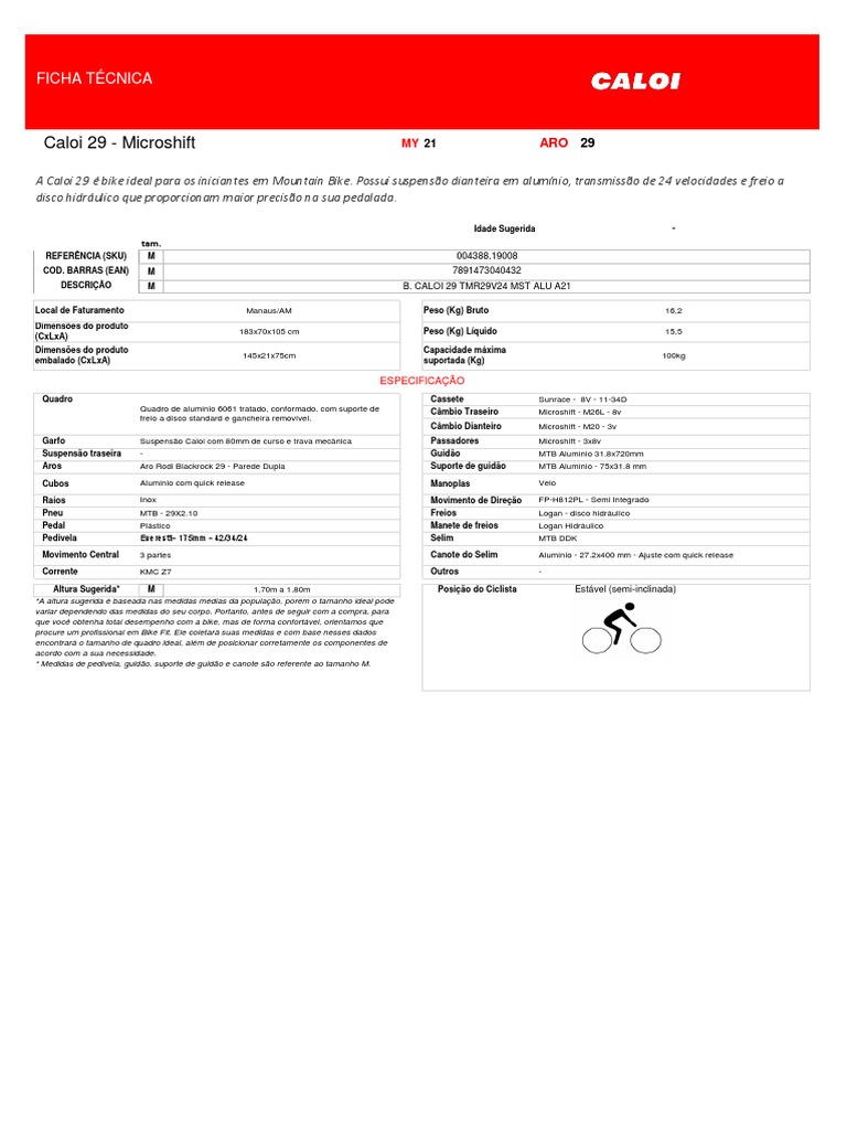 Ficha Técnica - Caloi 29 Microshift - MY21 | PDF | Veículo motorizado | Bens manufaturados