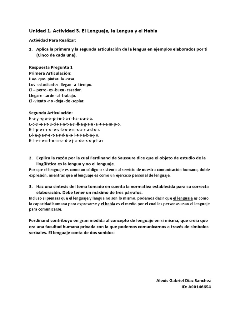 Unidad 1. Actividad 3. El Lenguaje, La Lengua y El Habla | PDF | Habla ...