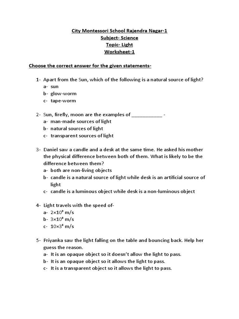 Light (Worksheet-1) | PDF