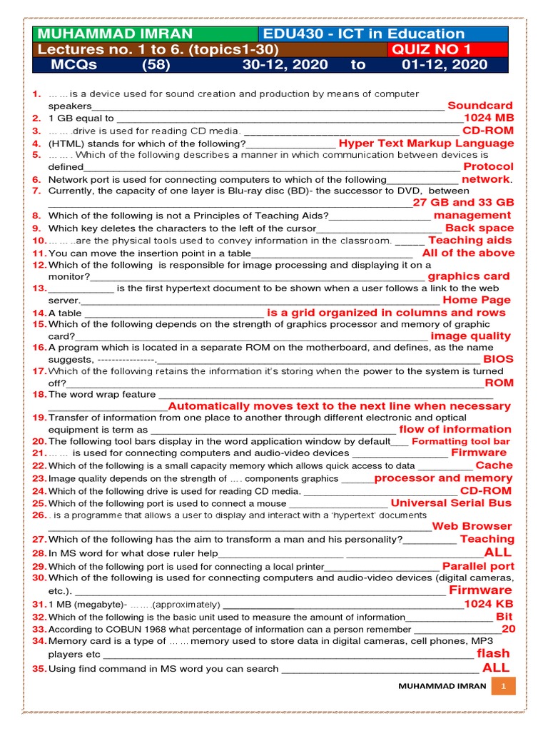 EDU430 ICT Exam MCQs and Quiz | PDF | Computer Data Storage | World ...