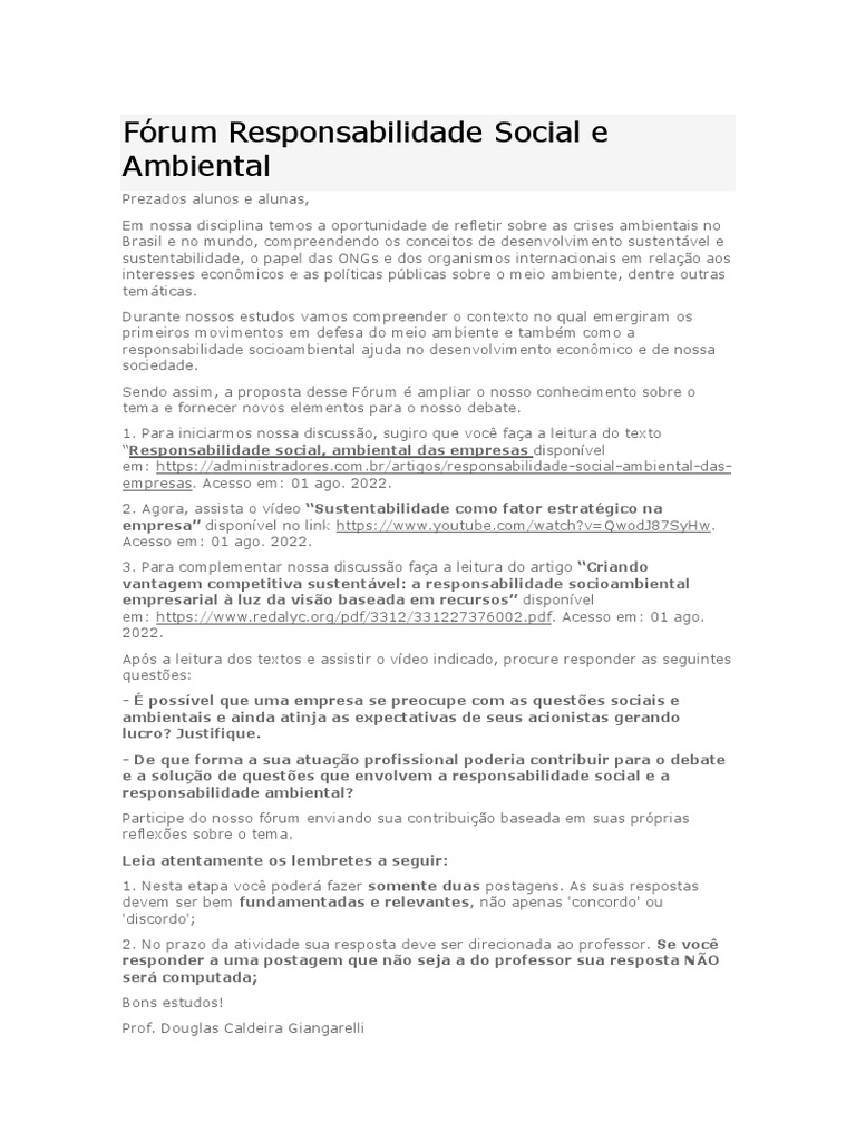 Fórum Responsabilidade Social E Ambiental Pdf Sociologia