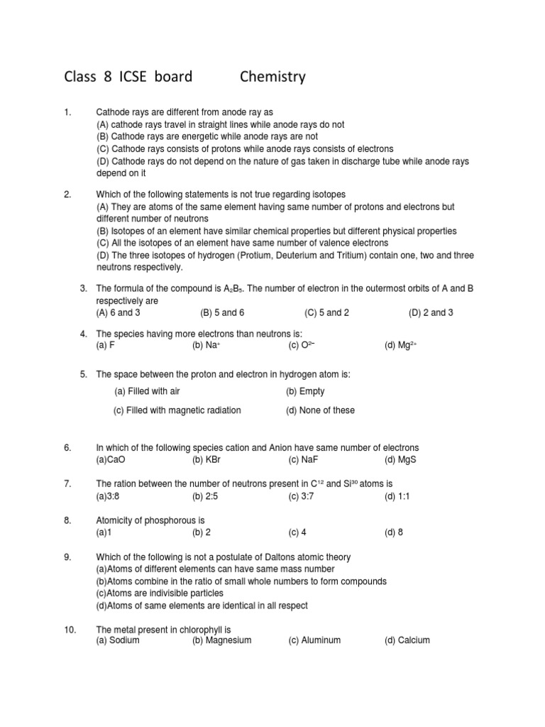 Class 8 Icse Board Chemistry Atomic Structure PDF | PDF | Proton | Atoms
