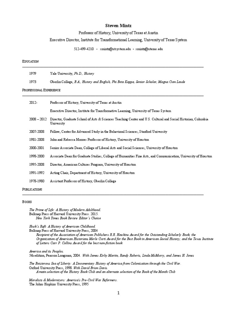 Curriculum Vitae of Steven Mintz, Professor of History at the ...
