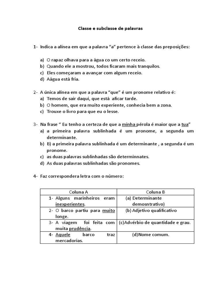 Classe e Subclasse de Palavras - Ficha de Trabalho 8º Ano | Download ...
