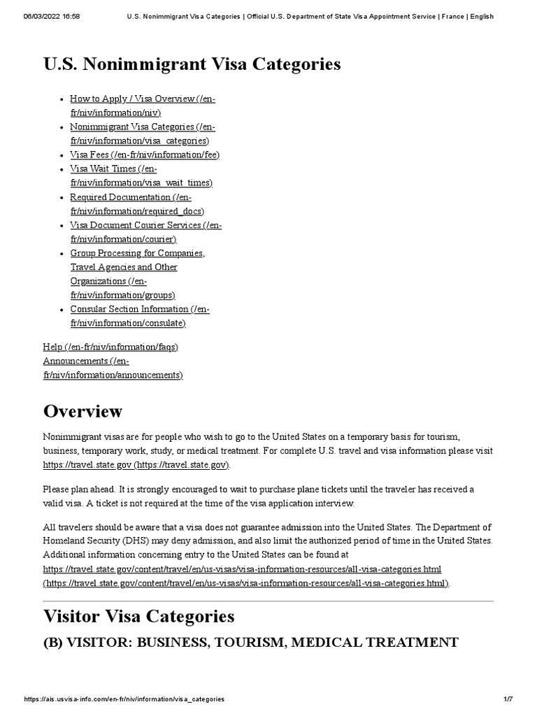 U.S. Nonimmigrant Visa Categories - Official U.S. Department of State ...