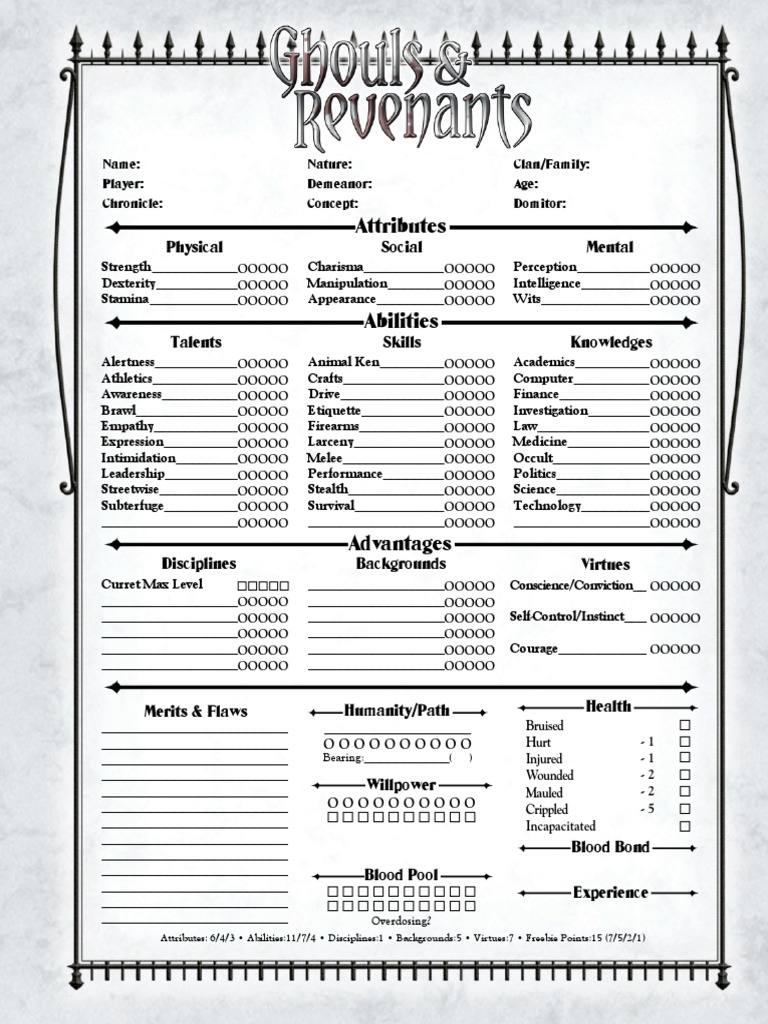 V20 Ghouls Revenants Sheet | PDF | Psychology | Psychological Concepts