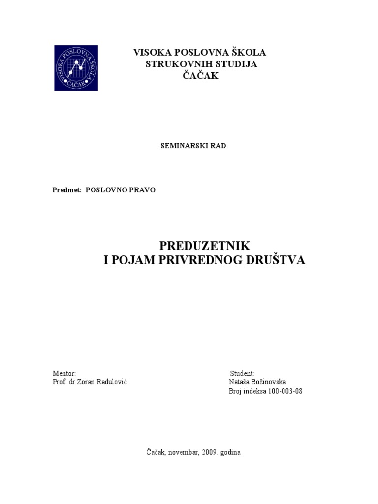 Preduzetnik I Pojam Privrednog Drustva | PDF