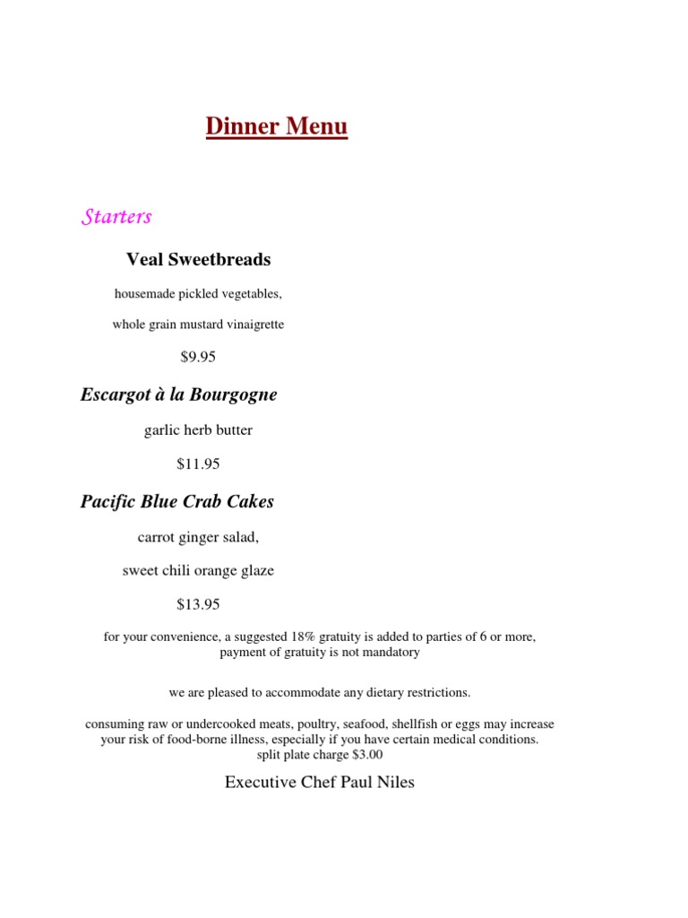 Dinner Menu | PDF | Salad | Food And Drink