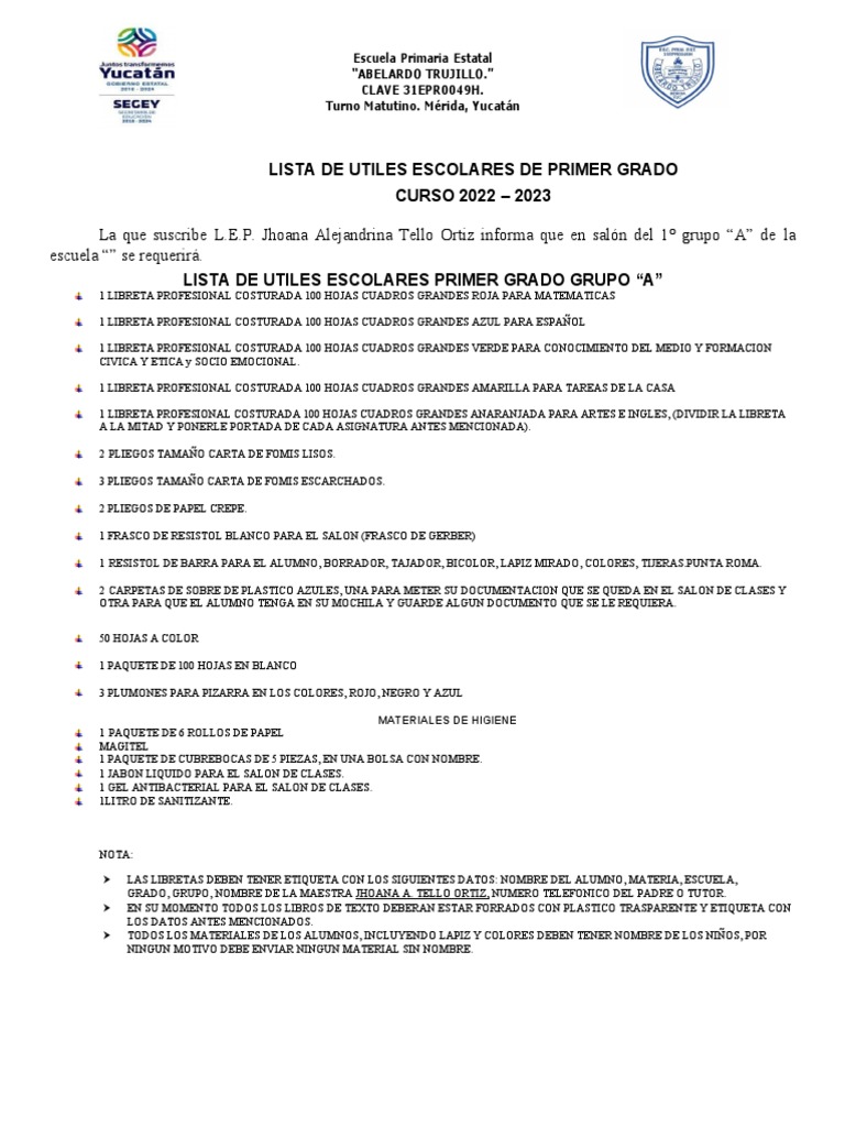 Lista de Utiles Escolares Modalidad Presencial 1º A Jhoana | PDF