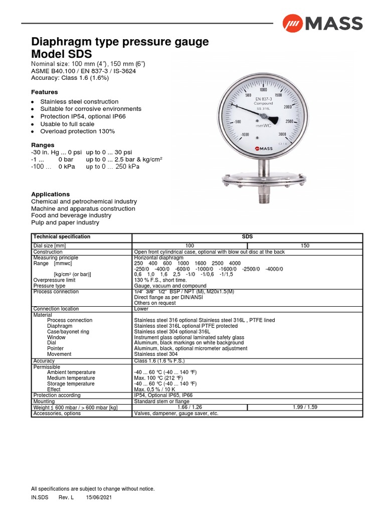SDS Low Pressure Diaphragm Pressure Gauges | PDF