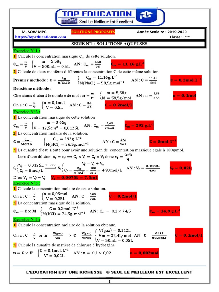 Solution TD N°1 Solutions Aqueuses | PDF