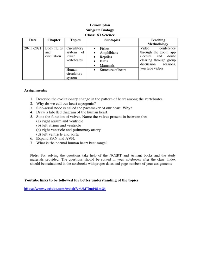 Lesson Plan - Body Fluids and Circulation - Day 4 | PDF