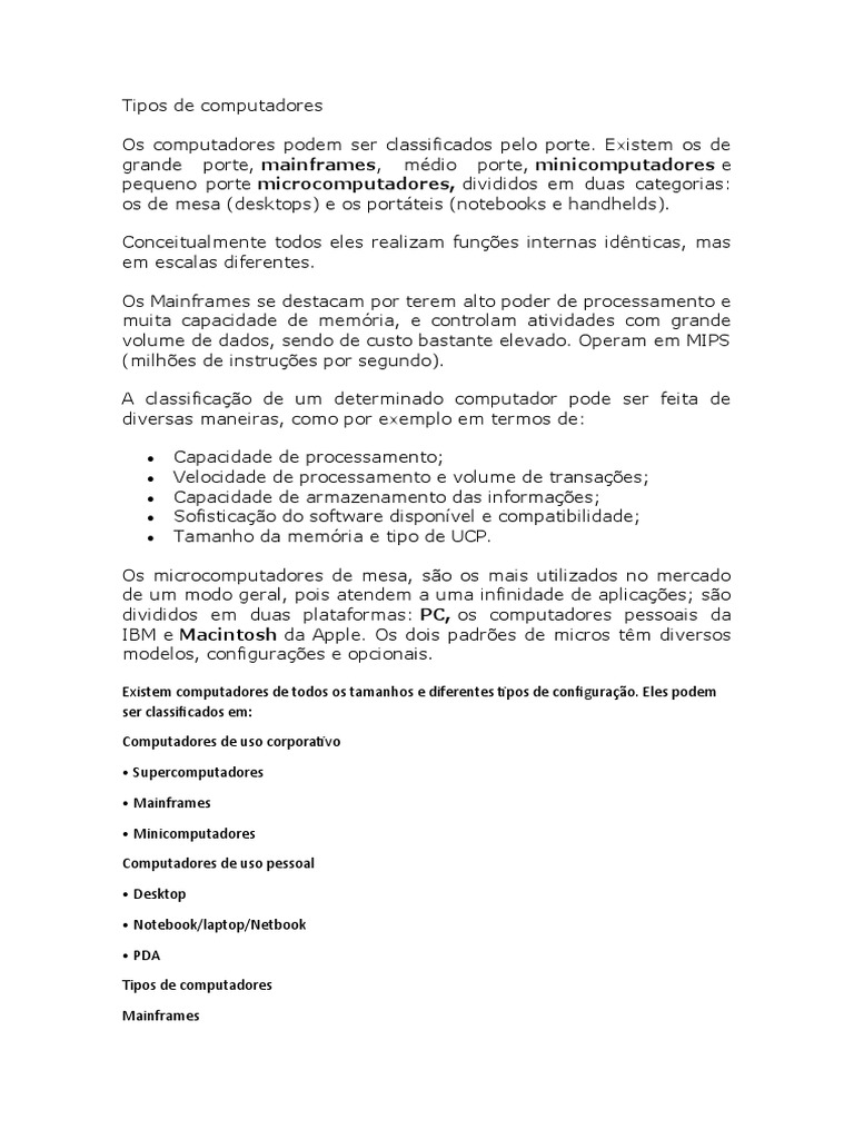 Os principais tipos de computadores: microcomputadores, computadores de ...