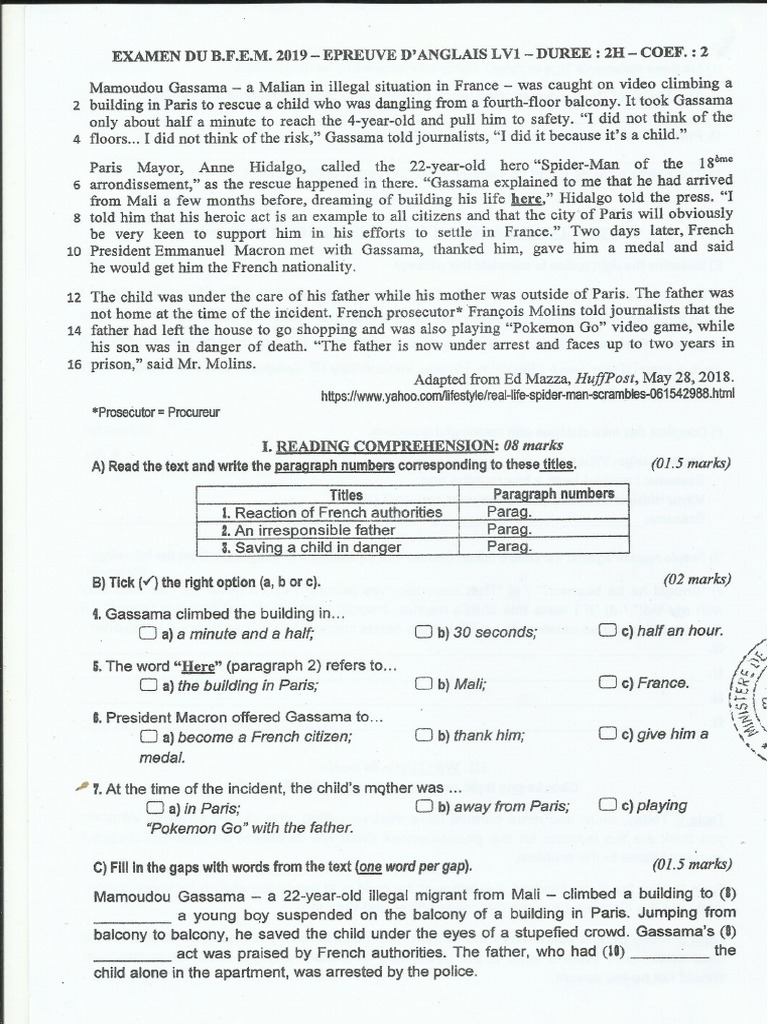 Epreuve Bfem 2019 Anglais LV1, Senegal | PDF