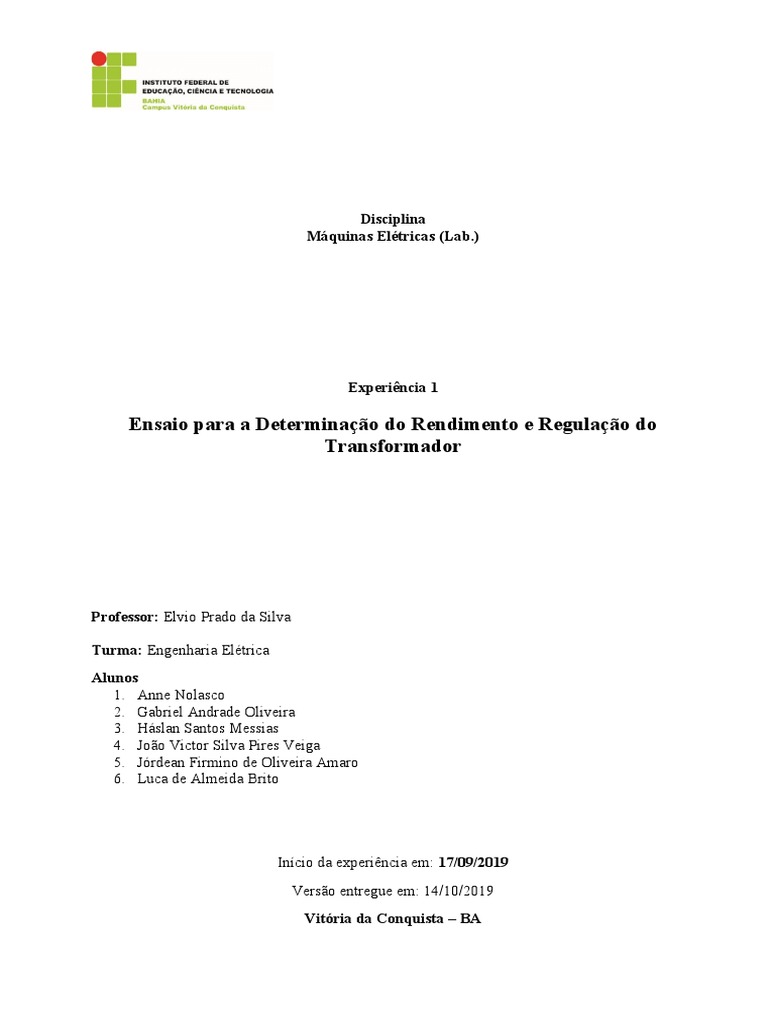 Relatório 3 - Rendimento e Regulação Do Transformador | PDF