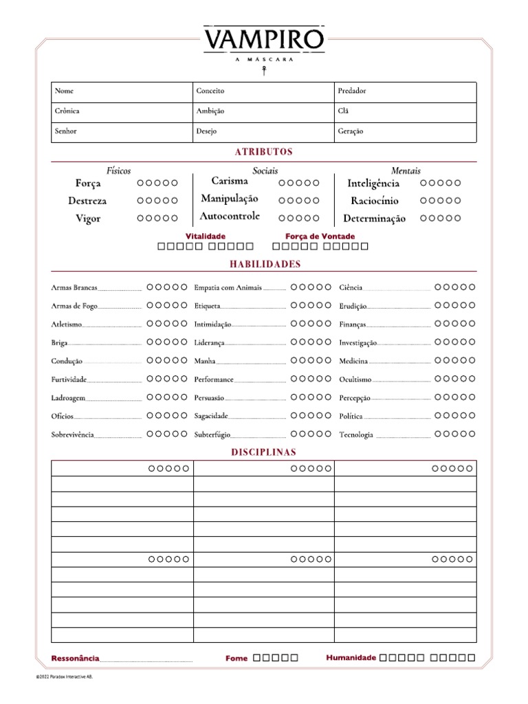 MDT - VAMPIRO A Máscara V5 - Planilha PT-BR (P&B) - Nova Oficial Galápagos PDF | PDF