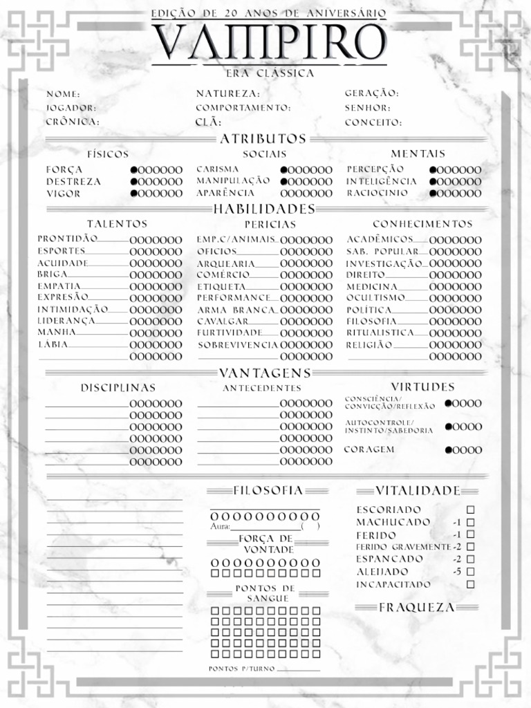 MDT - VAMPIRO ERA CLÁSSICA V20 - Ficha Editavel 5pg | PDF
