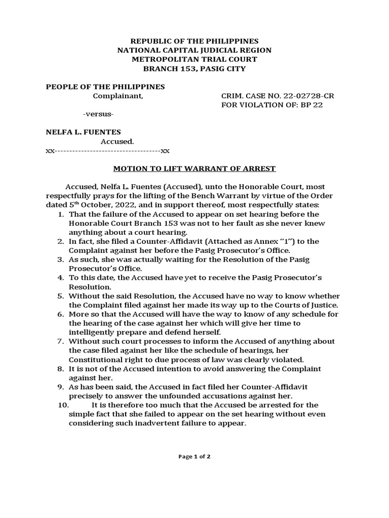 Motion to Lift Arrest Warrant | PDF | Complaint | Arrest Warrant