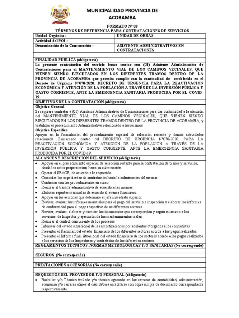 TDR Asistente Administrativo | PDF