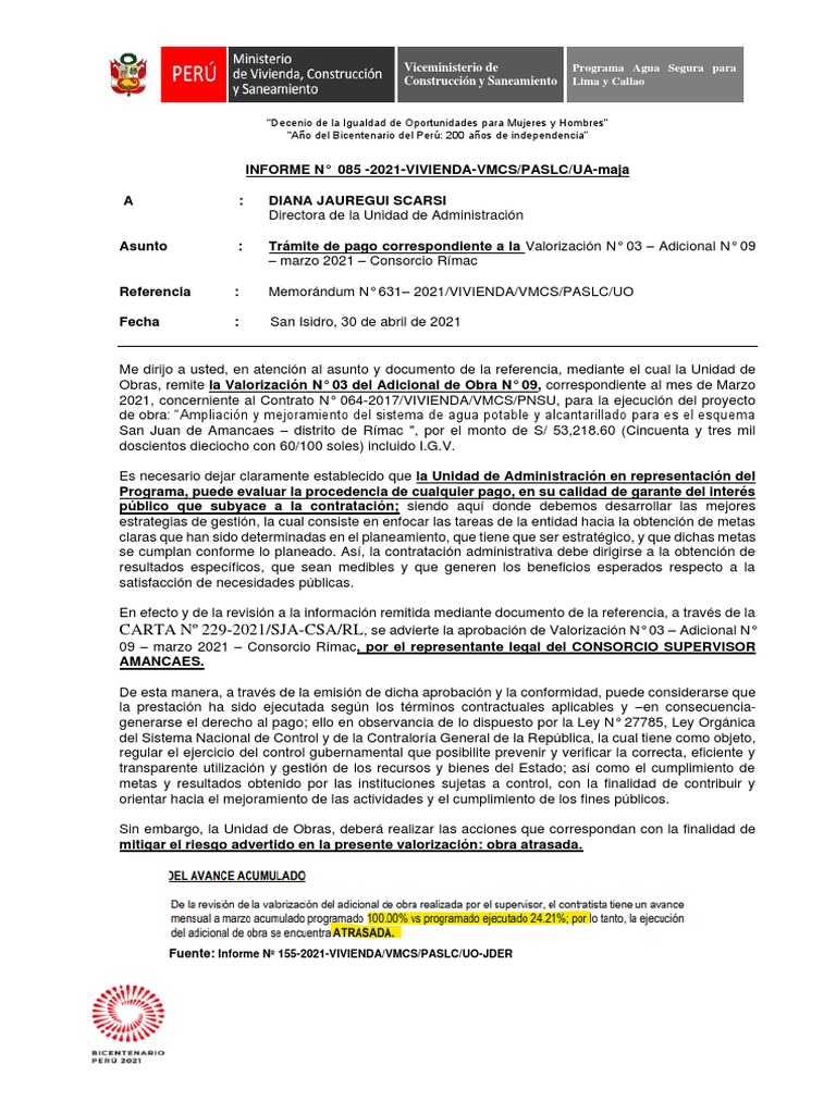 Informe 085-2021-Maja - Val 3 Adic 9 Amancaes | PDF | Tecnología e ingeniería