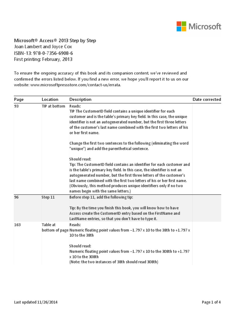 Microsoft Access 2013 Step By Step Errata Pdf Databases Computer