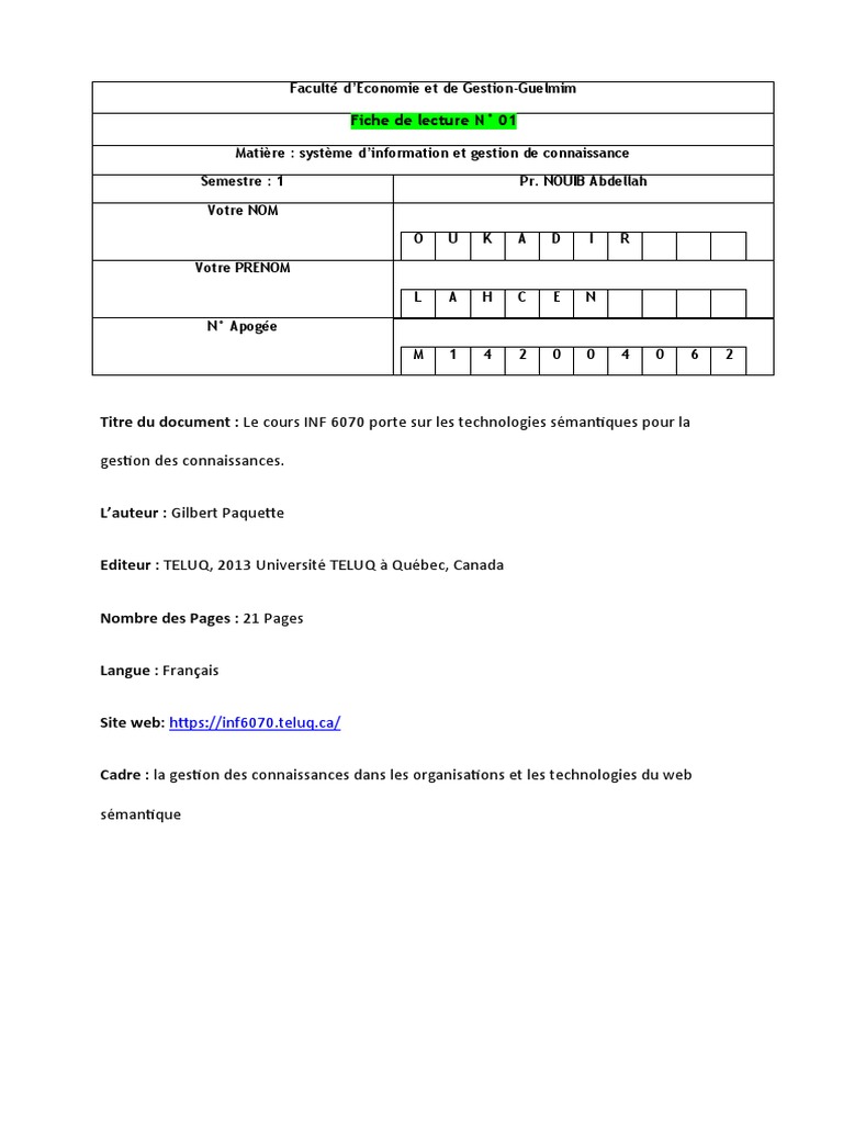Fiche de Lecteur 01 | PDF | Gestion des connaissances | Connaissances