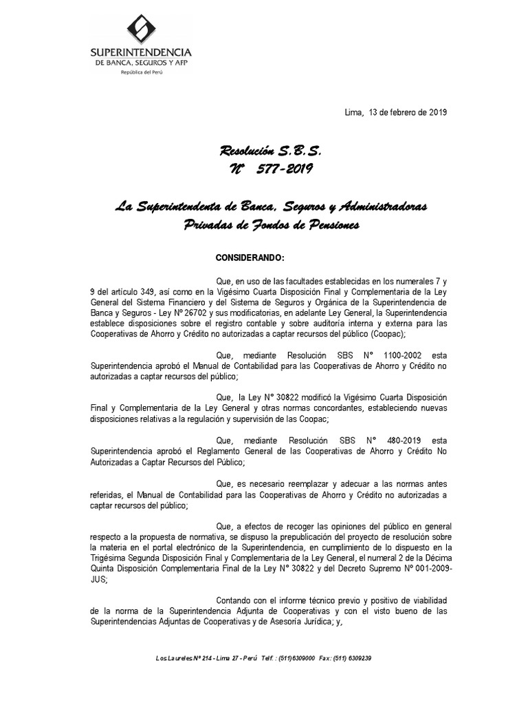 Resolución S.B.S. #577-2019 La Superintendenta de Banca, Seguros y Administradoras Privadas de ...