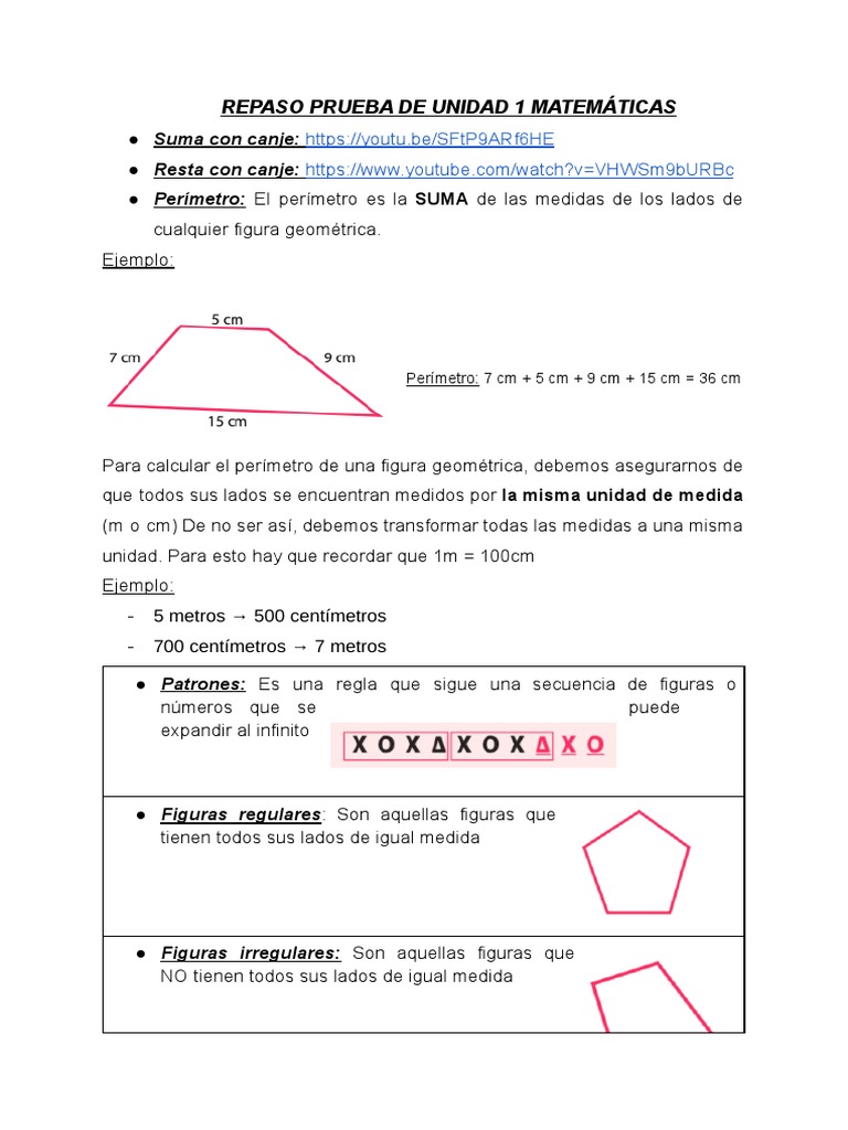 Repaso Prueba de Unidad 1 Matemáticas 3ro | PDF | Métodos y materiales ...