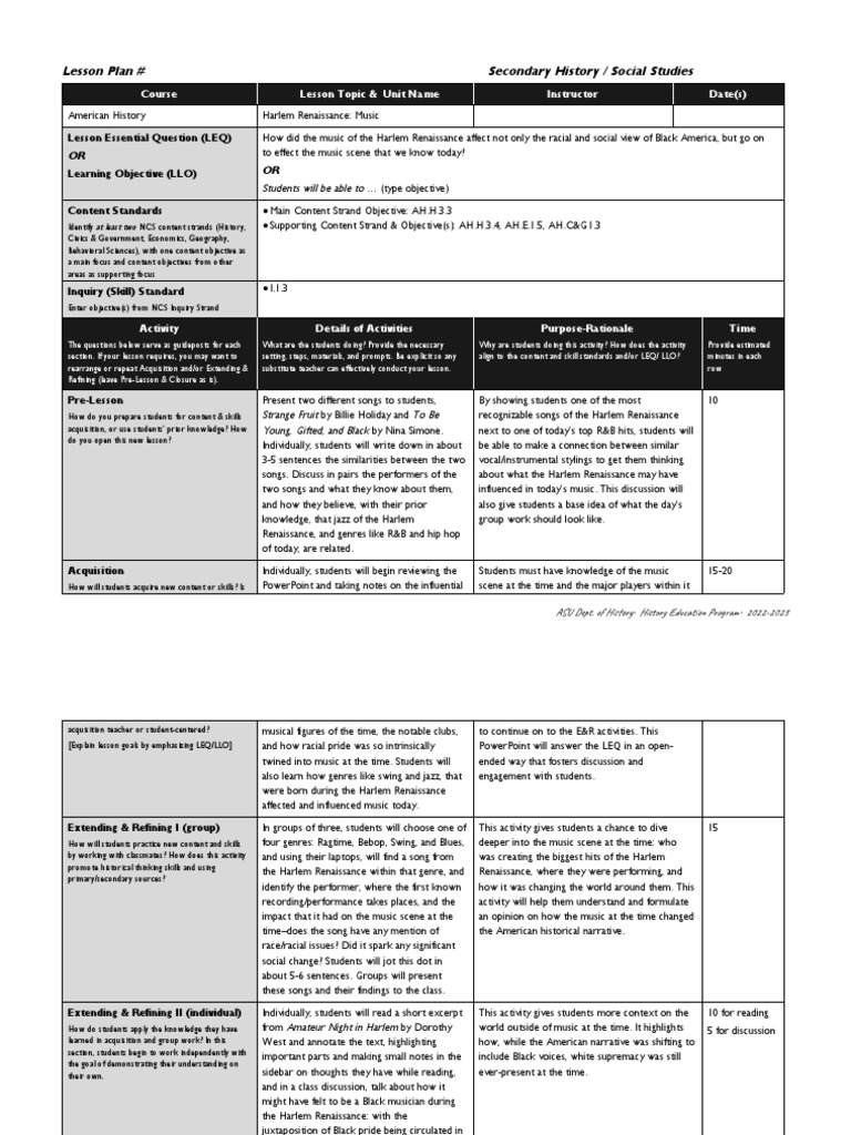 Maddyson Wilson Lesson Plan | PDF | Lesson Plan | Harlem Renaissance