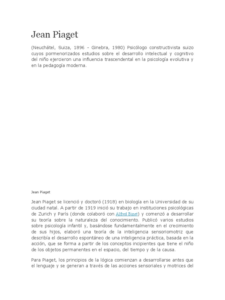 Biografia Jean Piaget | PDF | Sicología | Ciencia cognitiva