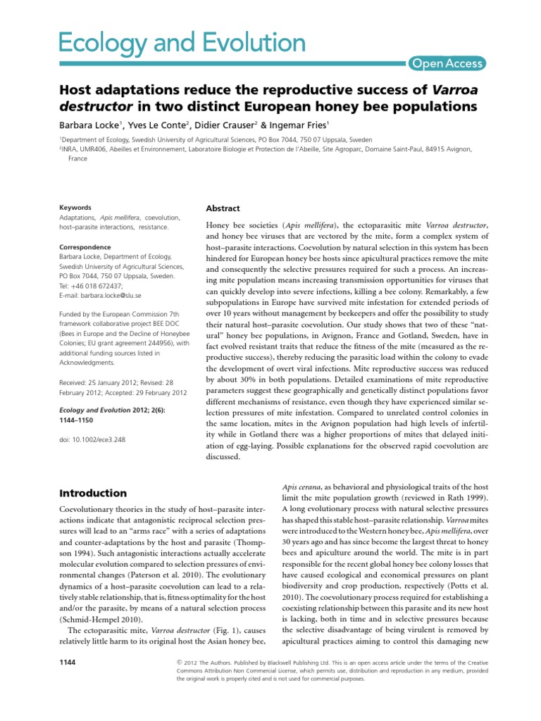Ecology Evolution - Varroa and Bees - Barbara Locke | PDF Ecology Evolution - Varroa and Bees - Barbara Locke | PDF