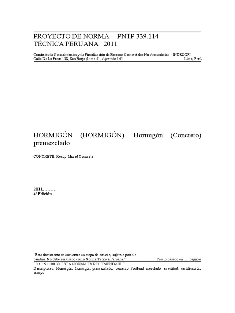 PNTP 339.114 - ASTM C 94M-1Concreto Premezclado | PDF
