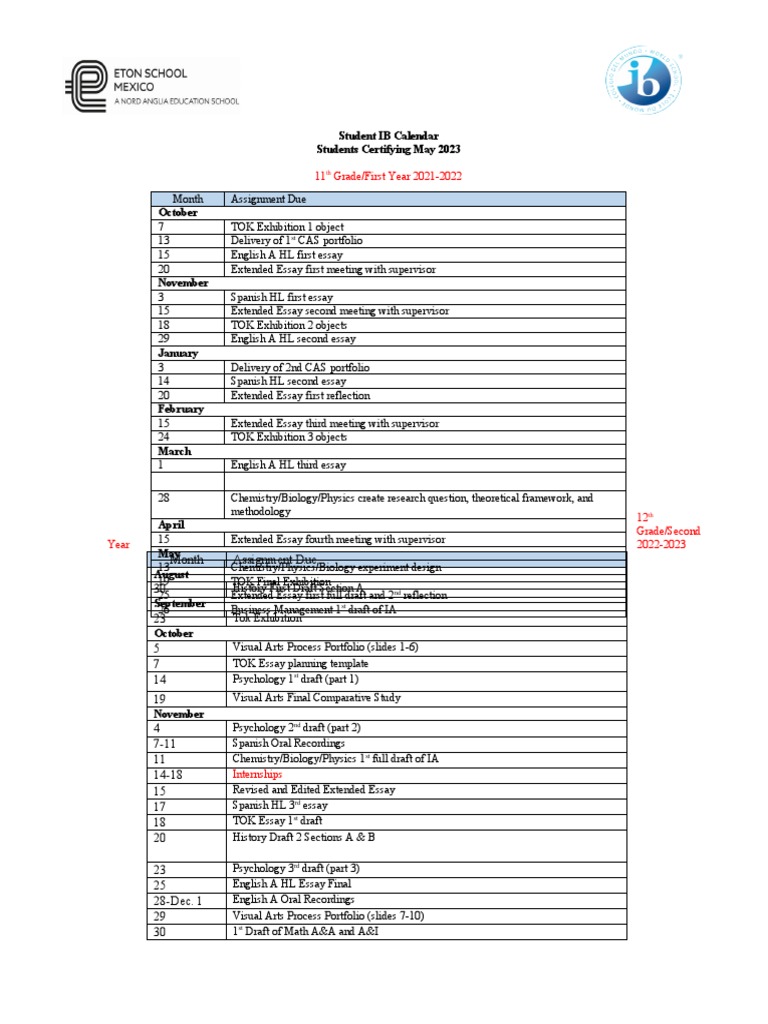 IB Student Assignment Calendar 2023 | PDF | Student Assessment And ...