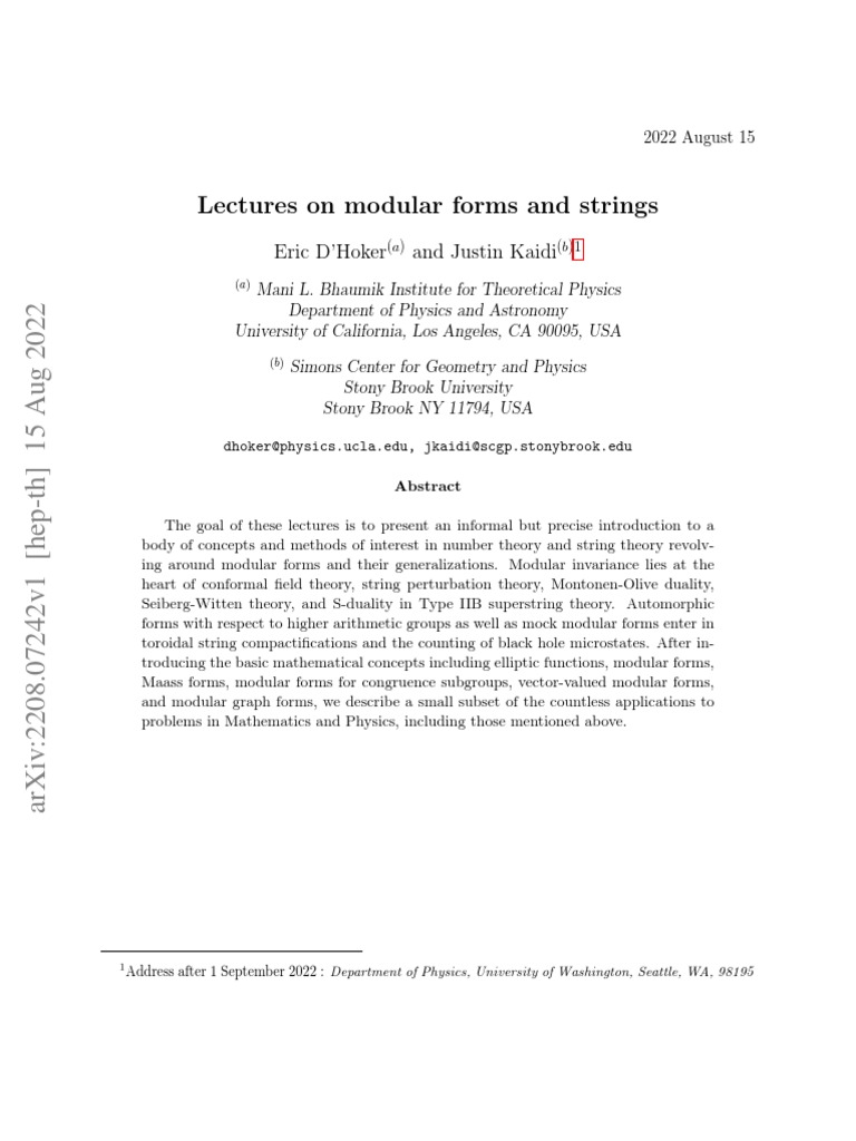 Lectures On Modular Forms and Strings | PDF Lectures On Modular Forms and Strings | PDF