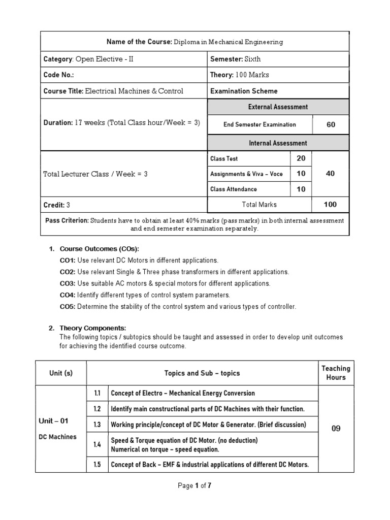 Model Syllabus of Electrical Machines & Control (For ME) | PDF