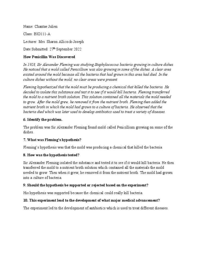 Penicillin Worksheet | PDF