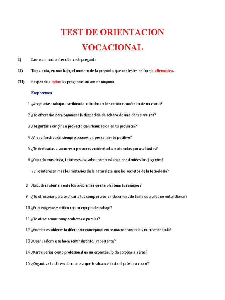 Test de Orientacion Vocacional | PDF