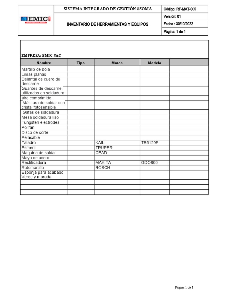 Listado de Herramientas y Equipos | PDF