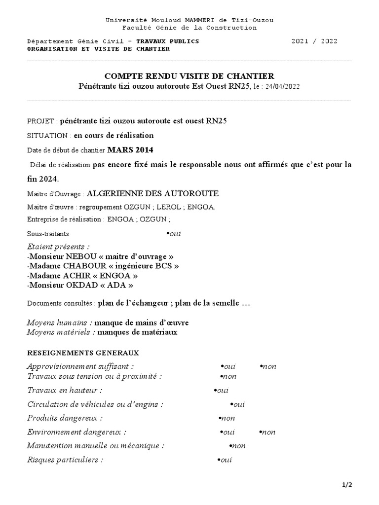Rapport de Visite Du Chantier | PDF
