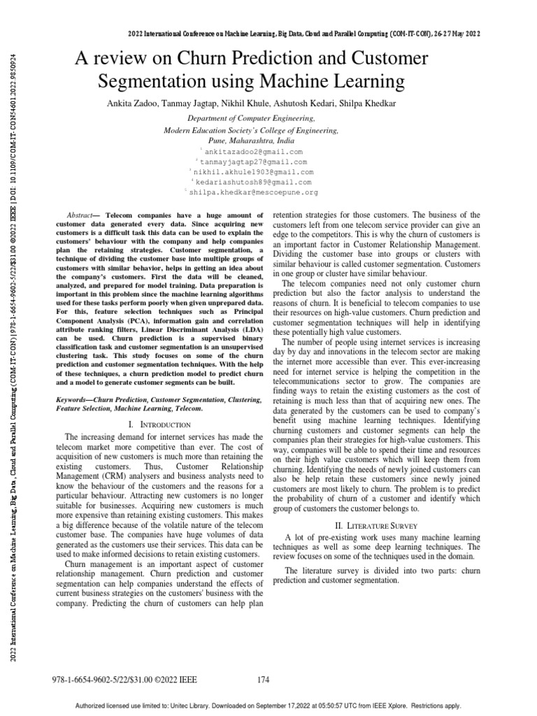 A Review On Churn Prediction and Customer Segmentation Using Machine Learning | PDF | Cluster ...