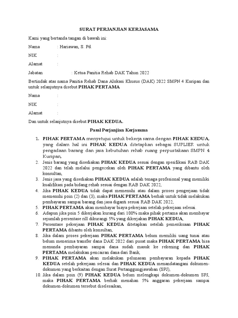 Surat Perjanjian Kerjasama Pdf