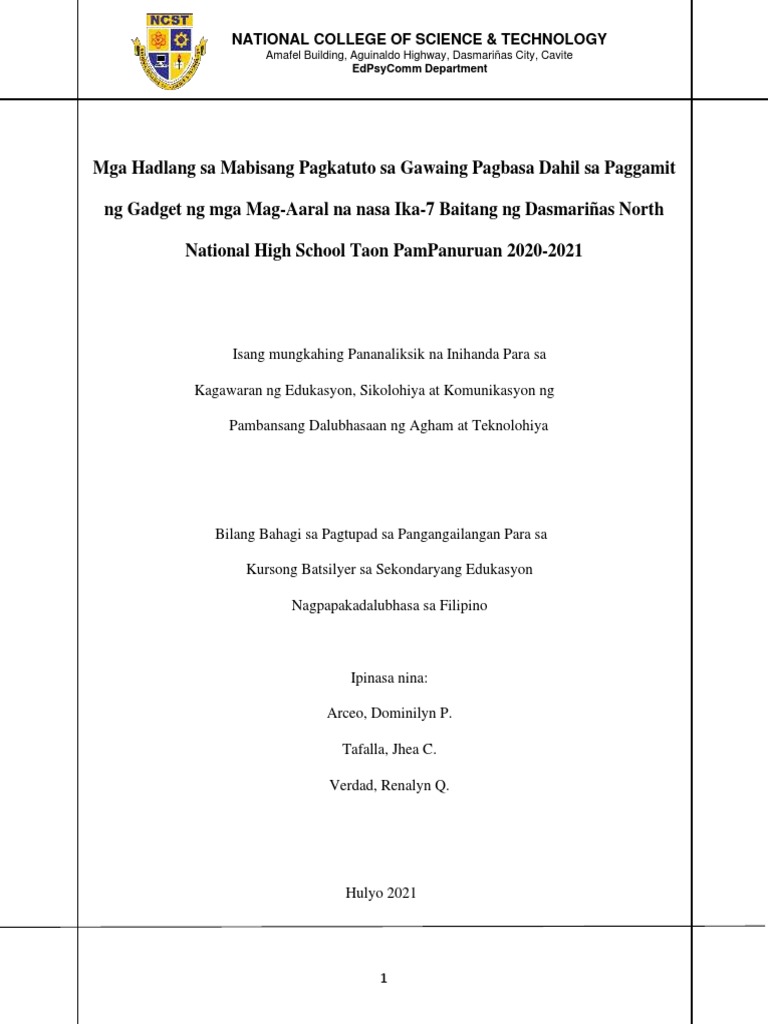Mga Hadlang Sa Mabisang Pagkatuto Sa Gawaing Pagbasa Dahil Sa Paggamit NG Gadget NG Mga Mag ...