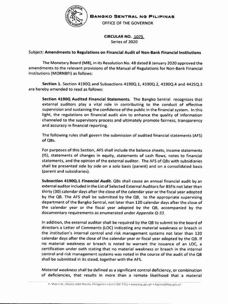 BSP Cir. 1075 - Amendments To Regulations On Financial Audit of Non-Bank Financial Lnstitutions ...
