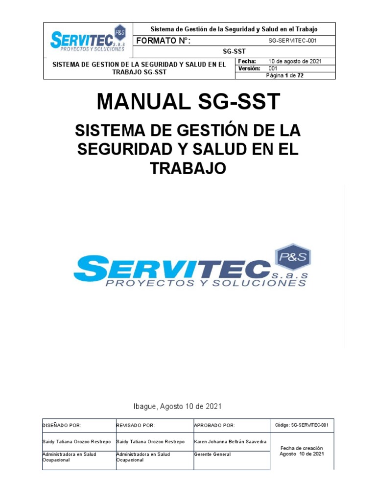 SG-SERVITEC-001 Sistema de Gestión de La Seguridad y Salud en El Trabajo Manual | PDF | Riesgo ...