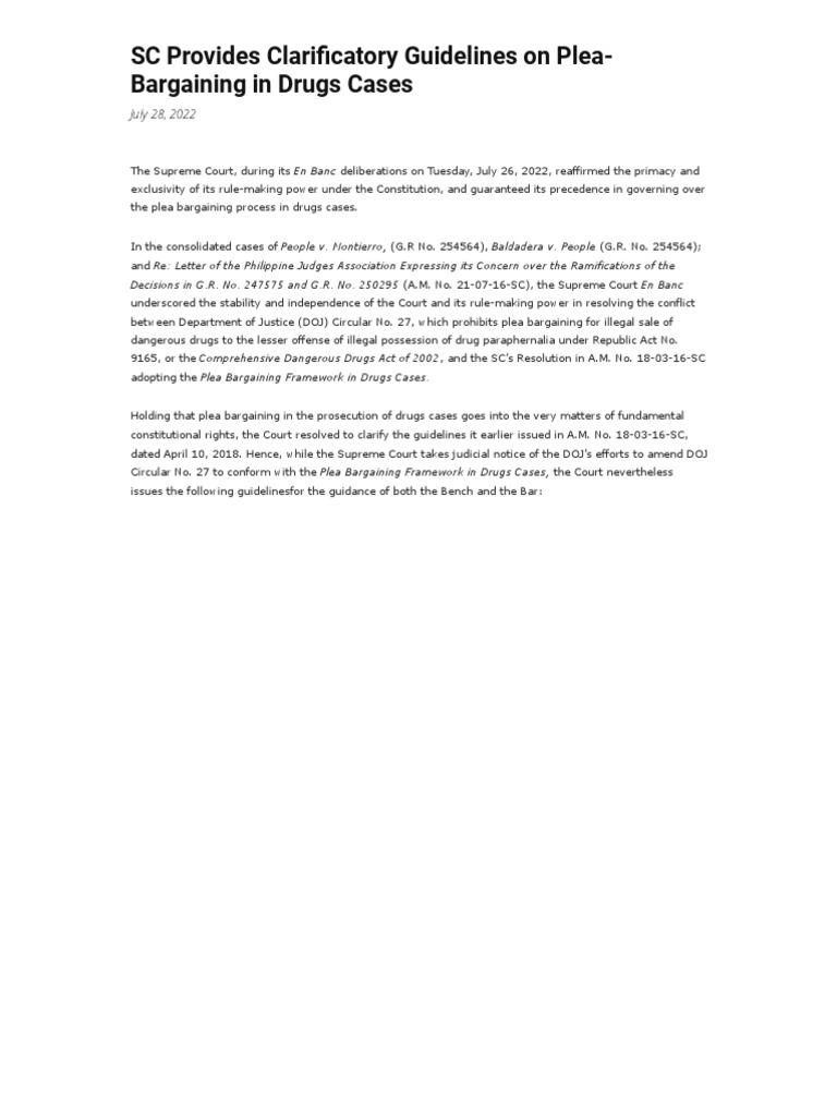 SC Provides Clarificatory Guidelines On Plea-Bargaining in Drugs Cases - Supreme Court of The ...