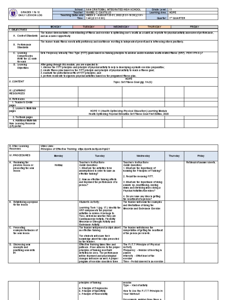 DLL - Pe11 - Q1 - Week 2 | PDF | Physical Fitness | Learning