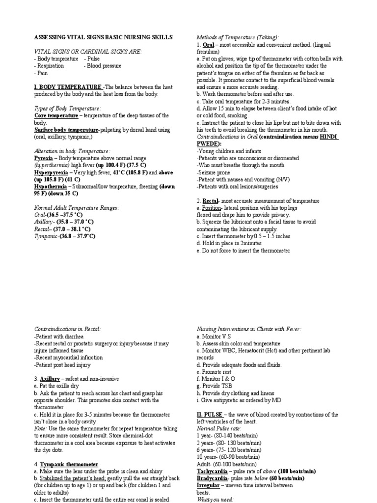 Assessing Vital Signs Basic Nursing Skills | PDF