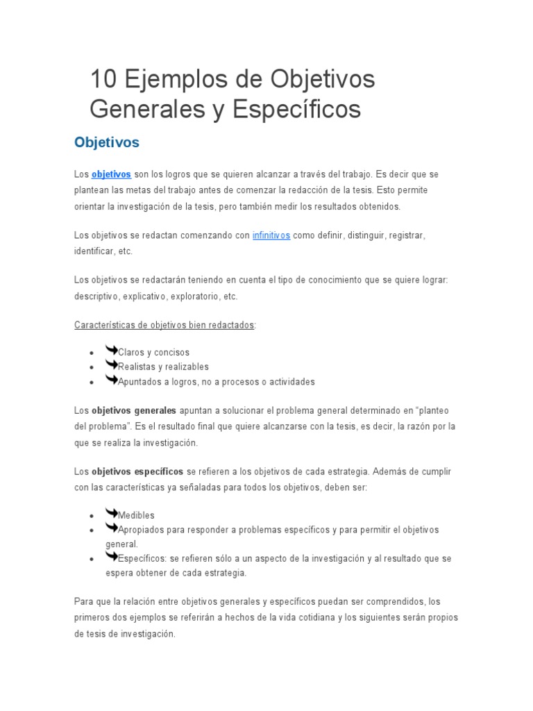 10 Ejemplos de Objetivos Generales y Específicos | PDF
